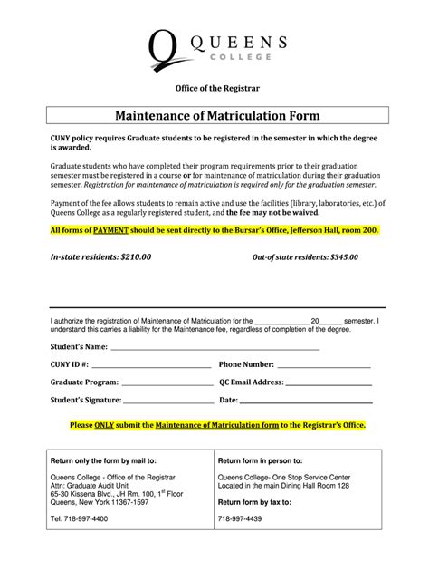 Fillable Online Qc Cuny Maintenance Of Matriculation Form Qccunyedu
