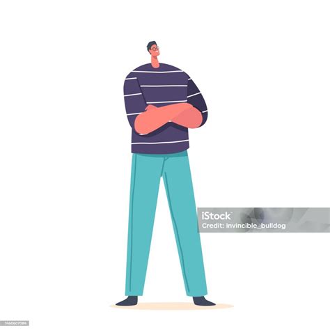 이익을 만드는 행복한 청년 남성 캐릭터는 자신있게 팔짱을 끼고 서 있습니다 만화 사람들 벡터 일러스트 레이 션 가공의 인물에 대한 스톡 벡터 아트 및 기타 이미지 Istock