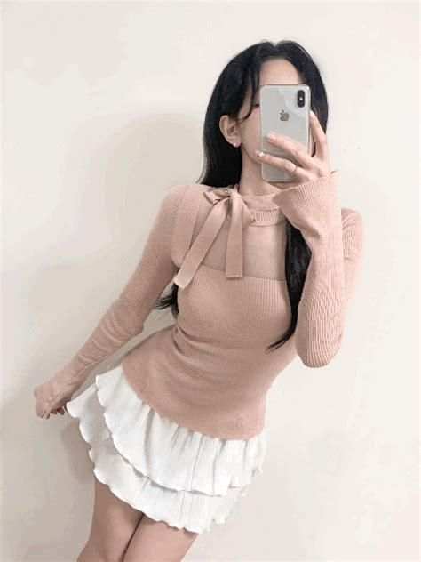 최저가🔥[존예보장🩷 여리섹시핏 ] 리본 시스루 골지 니트 타이 머플러 세트 리본끈 긴소매 티셔츠 연말룩 공주룩 데이트룩 에이블리