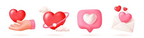 3d 하트 아이콘 세트 손으로 다채로운 이모티콘은 마음 연애 편지 상징 및 낭만적 인 기호와 같은 메시지를 제공합니다 소셜 네트워크를 위한 디자인 요소 사실적인 벡터