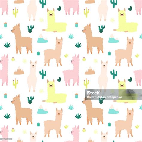 손으로 그린 귀여운 라마 또는 Alpacas 산 선인장 화 환 투명 한 배경에 태양의 완벽 한 패턴입니다 아이 들 실 직물 옷