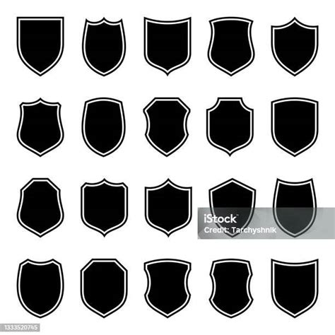 다양한 빈티지 쉴드 아이콘 세트 검은 색 윤곽 전령 방패 보호 및 보안 기호 라벨 벡터 일러스트레이션 개체 그룹에 대한 스톡 벡터 아트 및 기타 이미지 Istock
