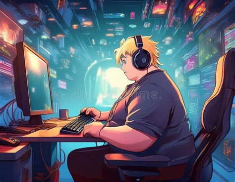Man Playing Video Games And Coding Software In Anime Style Illustration Stock Illustration