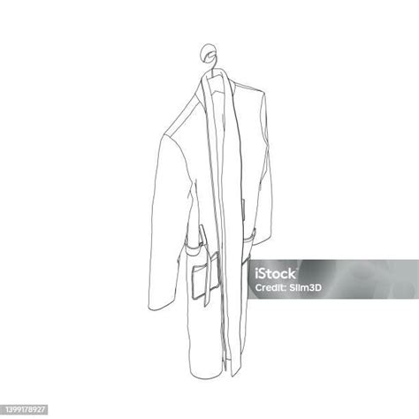 흰색 배경에 고립 된 검은 선에서 옷걸이에 매달려있는 목욕 가운의 윤곽선 아이소메트릭 뷰 벡터 일러스트레이션 0명에 대한 스톡