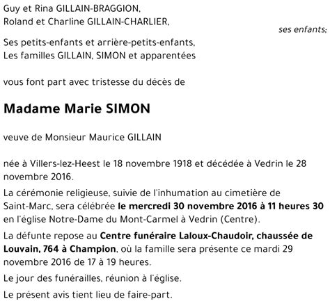 Avis De Décès De Marie Simon Décédé Le 28112016 à Vedrin Annonce