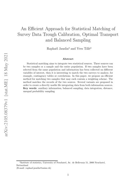 Pdf An Efficient Approach For Statistical Matching Of Survey Data Trough Calibration Optimal