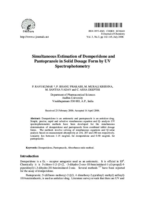 Pdf Simultaneous Estimation Of Domperidone And Pantoprazole In Solid Dosage Form By Uv
