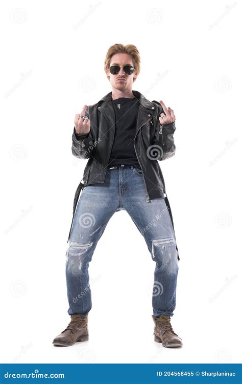 Rude Rebellious Attitude Rocker Or Biker Showing Two Middle Finger