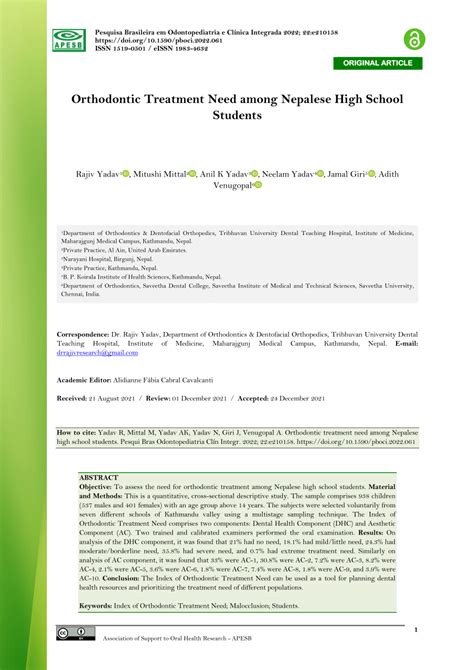 PDF Orthodontic Treatment Need Among Nepalese High School Students