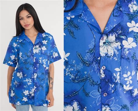 70s Hawaiian Shirt Blue Tropical Floral Button Up Shi Gem