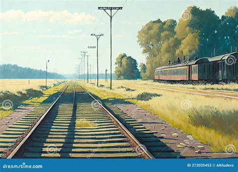 Train Approaching Lonely Station Railways Extending Into Distance Stock