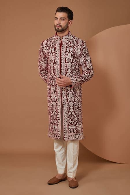 Buy Maroon Velvet Embroidered Thread Sherwani Set For Men By Kasbah