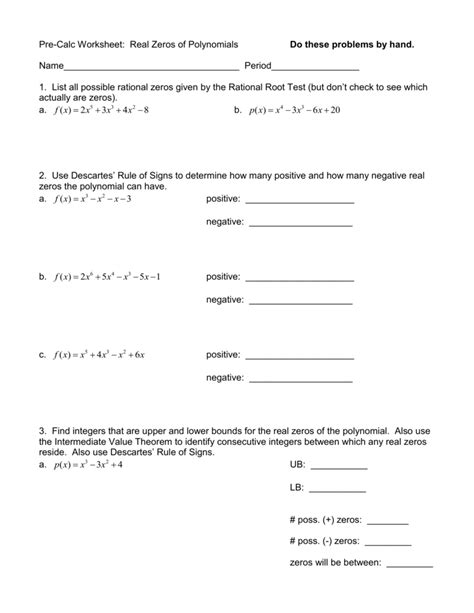 Pre Calc Worksheet Real Zeros Of Polynomials