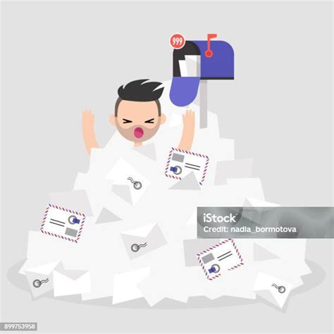 작업 불행 읽지 않은 메일의 더미에서 익사 하는 젊은 문자입니다 통신 문제입니다 평면 편집 가능한 벡터 일러스트 레이 션 클립 아트 개념에 대한 스톡 벡터 아트 및 기타