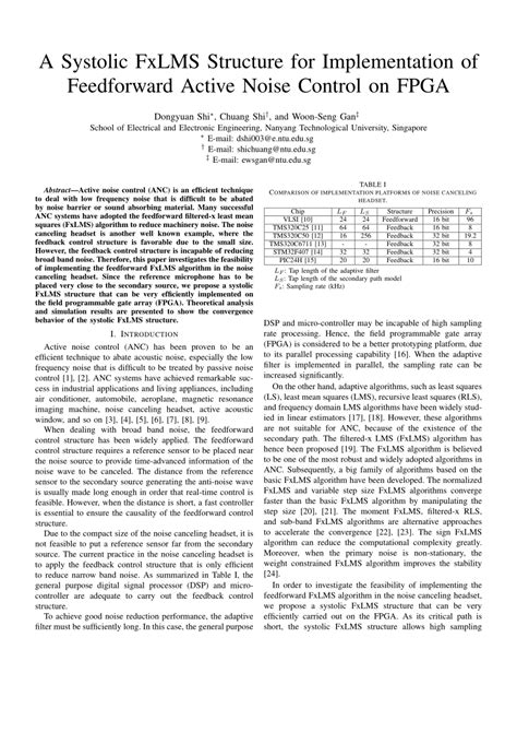 PDF A Systolic FxLMS Structure For Implementation Of Feedforward