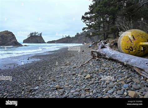 Large Sea Vessel Float Beached On A Rocky Coast Washington Coastal