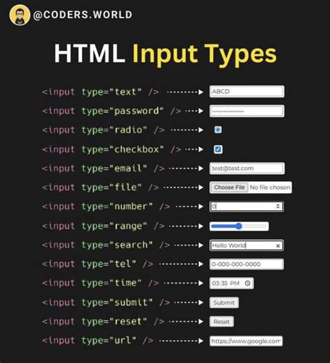html виды полей ввода с примерами html input types with examples