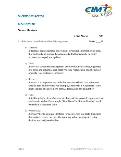Microsoft Access Assignment Database Terms And Definitions