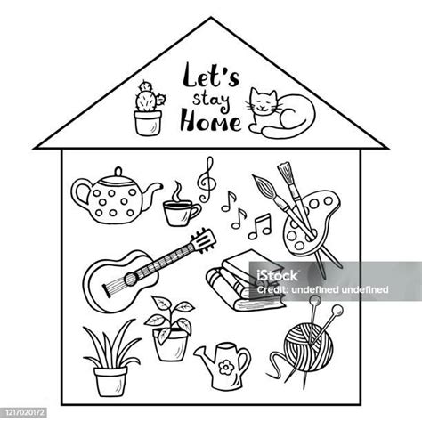 손으로 그린 낙서 홈 활동 취미의 벡터 세트 색칠하기 페이지 슬로건 집에 머무르세요 컬러링 북 페이지 일러스트레이션 기법에 대한 스톡 벡터 아트 및 기타 이미지 컬러링