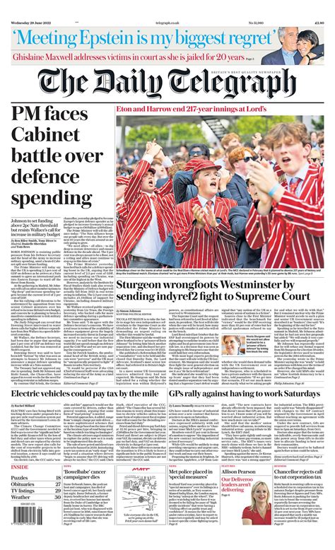 Daily Telegraph Front Page 29th Of June 2022 Tomorrows Papers Today