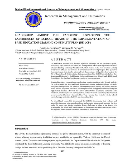 Leadership Amidst The Pandemic Exploring The Experiences Of School