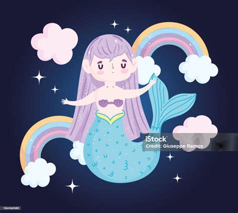 Putri Duyung Kecil Yang Lucu Dengan Pelangi Rambut Ungu Dan Kartun