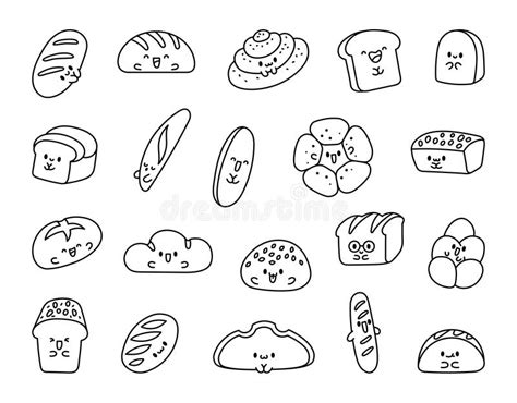 Cute Kawaii Bread With Smiley Face Coloring Page Stock Vector