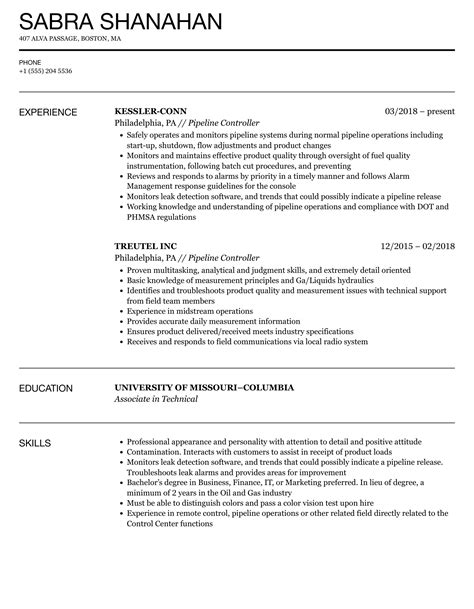 Pipeline Controller Resume Samples Velvet Jobs