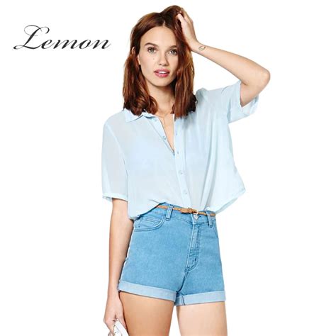 Lemon Summer Solid Light Blue Women Blouse Back Pleated Short Sleeve