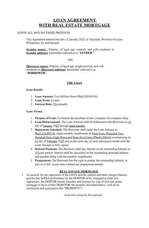 Loan Agreement With Real Estate Mortgage Contract Sample Loan
