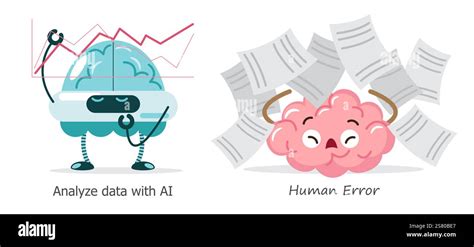 Ai Brain Vs Human Brain In Data Analysis Cartoon Character Vector