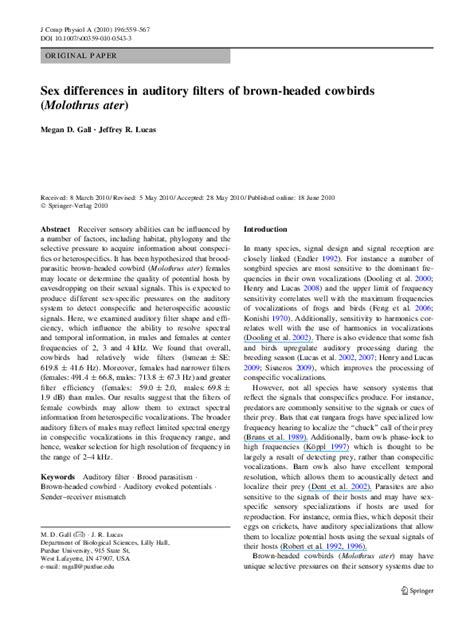 Pdf Sex Differences In Auditory Filters Of Brown Headed Cowbirds