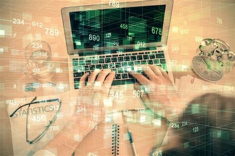 Premium Photo Double Exposure Of Mans Hands Typing Over Computer Keyboard And Data Theme