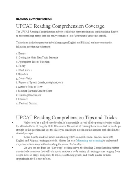 Upcat Reading Comprehension Coverage Download Free Pdf Reading