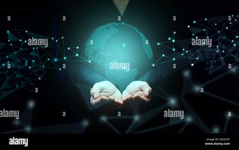 A Man In A Black Shirt Holds A Holographic Globe Model The Concept Of
