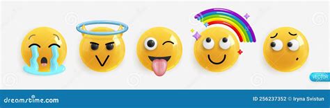 Emotion Realistic 3d Render Set Icon Smile Emoji Vector Yellow Glossy Emoticons Stock Vector