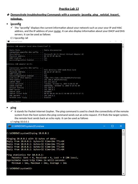 ipconfig demonstrate troubleshooting commands with a scenario ipconfig ping netstat tracert
