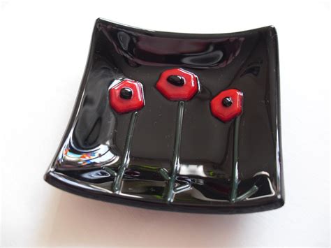 Blackred Poppy Fused Glass Mini Dish Etsy