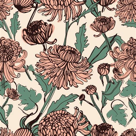 Japanese Chrysanthemum Hand Drawn Seamless Pattern With Buds Flowers