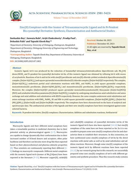 Pdf Zincii Complexes With One Isomer Of Tetraazamacrocyclic Ligand And Its N Pendent Bis