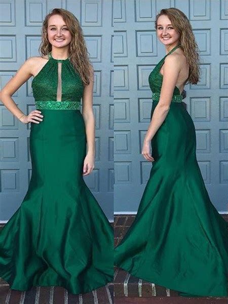Sleeveless Halter Neck Keyhole Beaded Waist Open Back Prom Dress