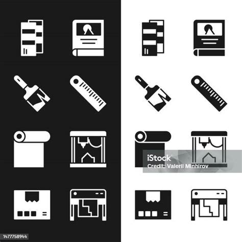 눈금자 페인트 브러시 팬톤 사진 앨범 갤러리 롤 용지 3d 프린터 플로터 및 판지 상자 아이콘을 설정합니다 벡터 건강관리와 의술에 대한 스톡 벡터 아트 및 기타 이미지