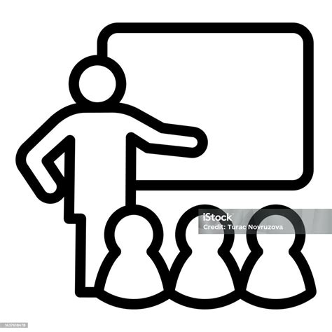 학생들 라인 아이콘이 있는 강사 칠판 강의 또는 교육 수업 기호 흰색 배경에 윤곽선 스타일 픽토그램 모바일 웹 디자인을 위한 팀워크 벡터 그래픽 강당에 대한 스톡 벡터 아트