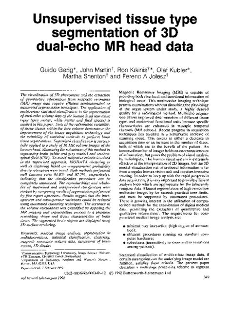 Pdf Unsupervised Tissue Type Segmentation Of 3d Dual Echo Mr Head Data