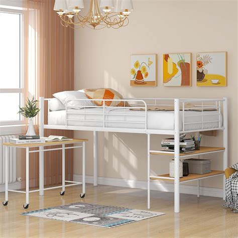 Buy Merax Twin Size Metal Loft Bed With Desk And Shelves White Online