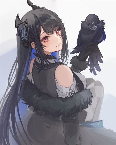 Safebooru 1girl Asymmetrical Horns Bare Shoulders Bird Black Hair
