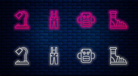 서스펜더 스쿨 백팩 테이블 램프 슬리퍼 양말이 있는 라인 팬츠를 설정합니다 벽돌 벽에 빛나는 네온 아이콘 벡터 가구에 대한 스톡 벡터 아트 및 기타 이미지 Istock