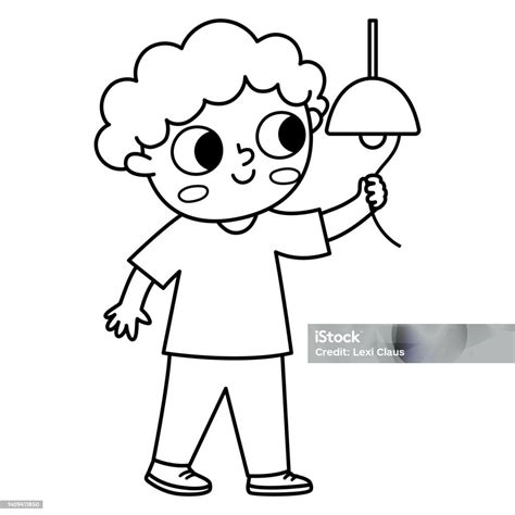 흑인과 백인 소년 절약 에너지 아이콘 귀여운 라인 환경 친화적 인 아이 빛이 켜지는 아이 지구의 날 또는 건강한 라이프 스타일 개념 또는 색칠 공부 페이지 아이에 대한 스톡