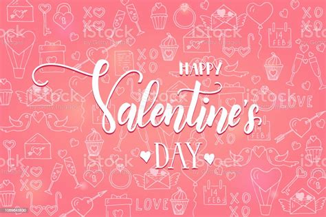 손으로 발렌타인 배경 손으로 그린 사랑 라인 아트 기호로 핑크 패턴에 문자를 했다 밑그림입니다 해피 발렌타인 데이 하루 벡터 카드 14에 대한 스톡 벡터 아트 및 기타