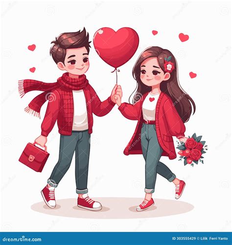 Joyeux Couple De Caricature Valentine Avec Coeur De Balon Rouge Et